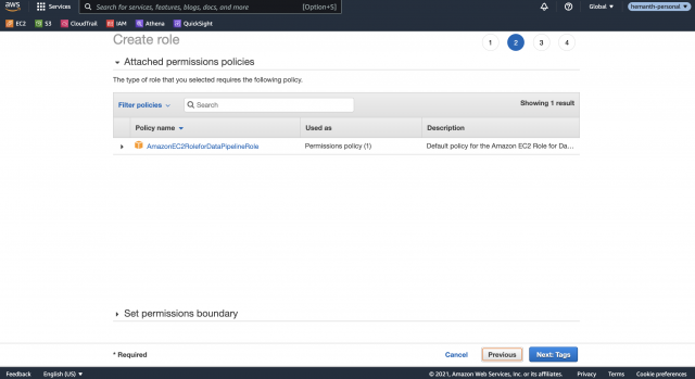 Creating IAM Roles for DataPipeline which is used for Movement of Data between DynamoDB and S3 ...