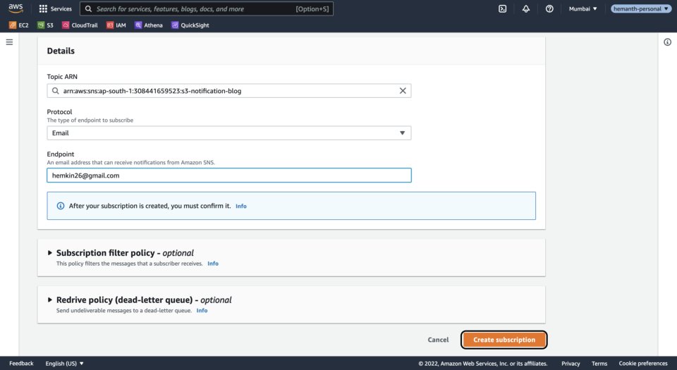 Email Notification using SNS and S3 event notification when Object is Uploaded in a S3 bucket ...